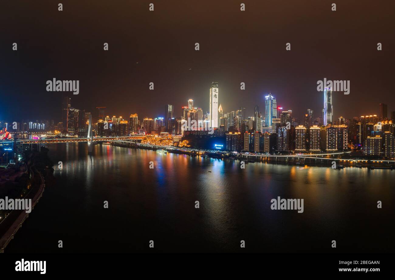 Dec 22, 2019 - Chongqing, China: Panoramic aerial night view of Hong Ya ...