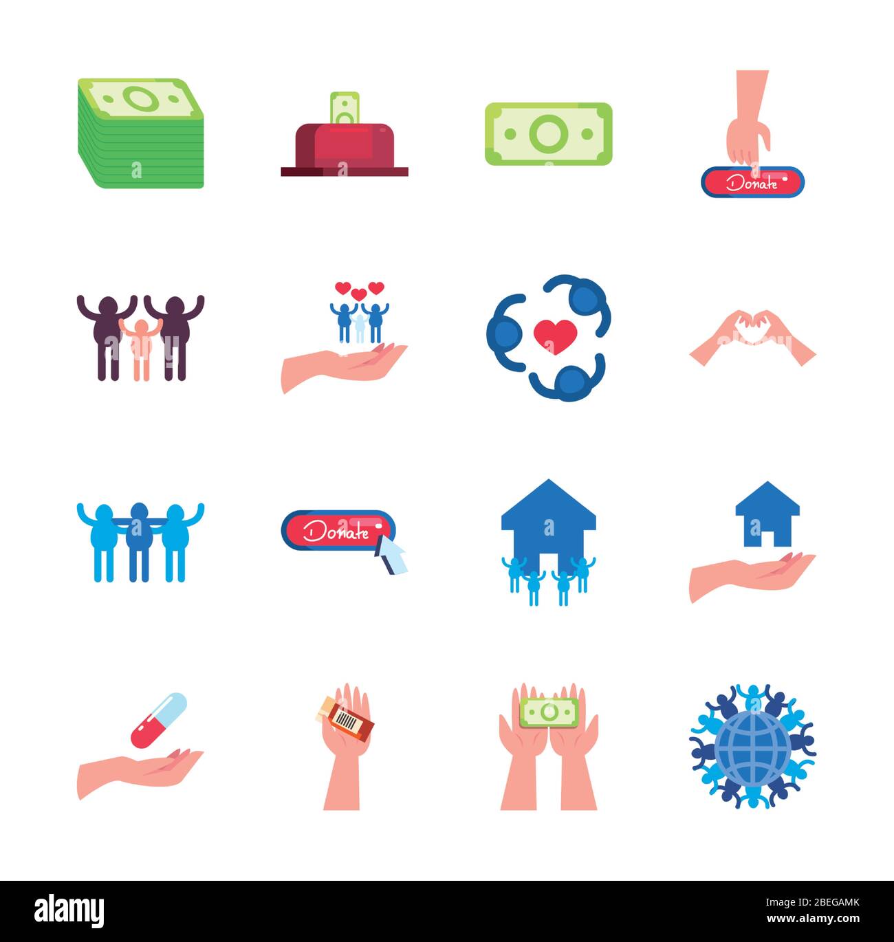 solidarity hands, charity and donations icon set over white background ...