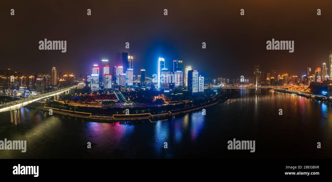 Dec 22, 2019 - Chongqing, China: Panoramic aerial night view of Hong Ya ...