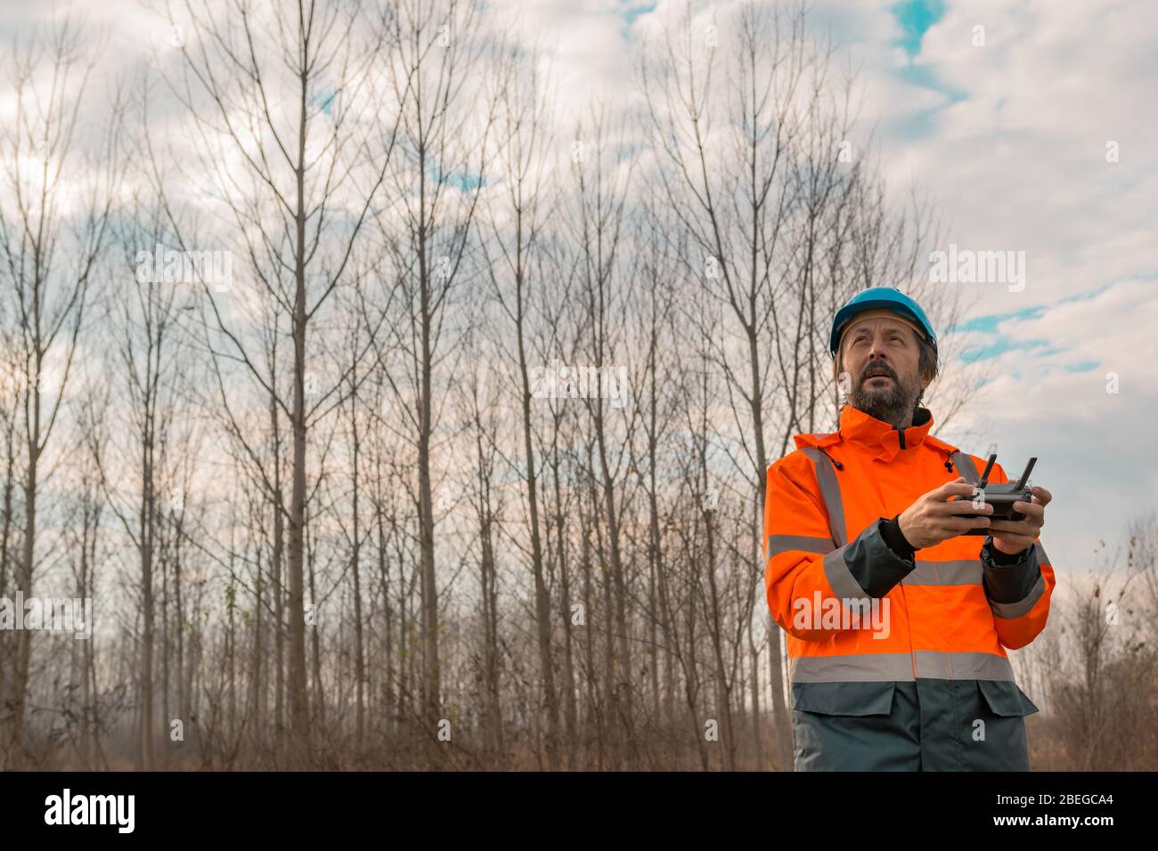 Forestry technician flying a drone with remote controller in woods and ...