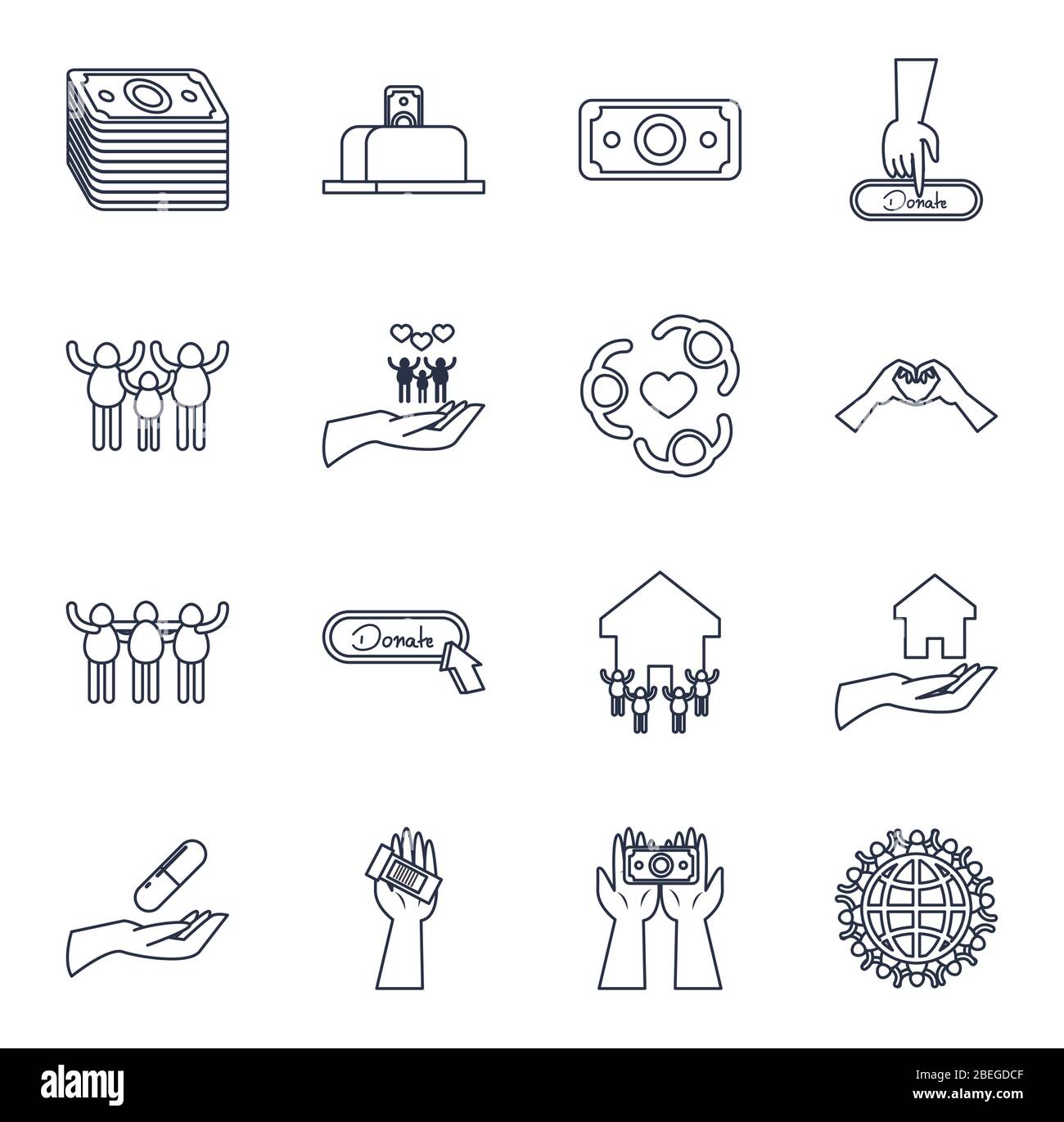 solidarity hands, charity and donations icon set over white background ...