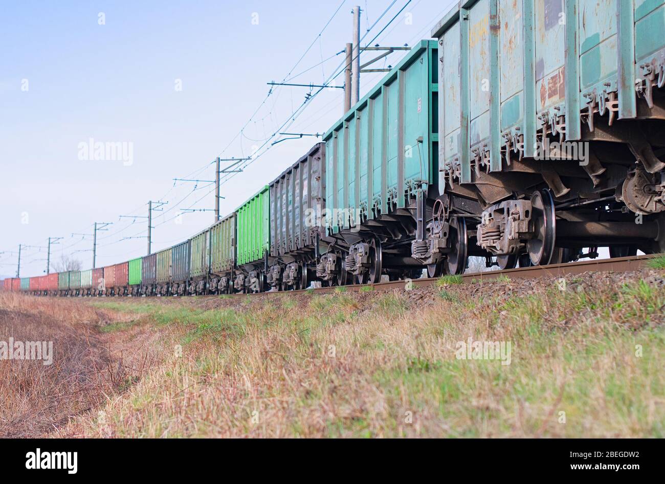 Freight train, transportation of railway cars by cargo containers ...