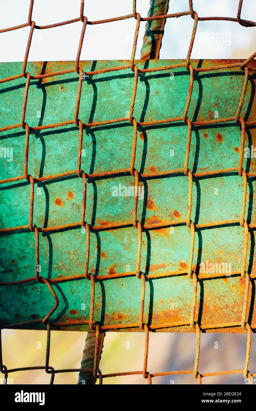 Iron wire green fence. Fence grilles rust texture background. Fence ...