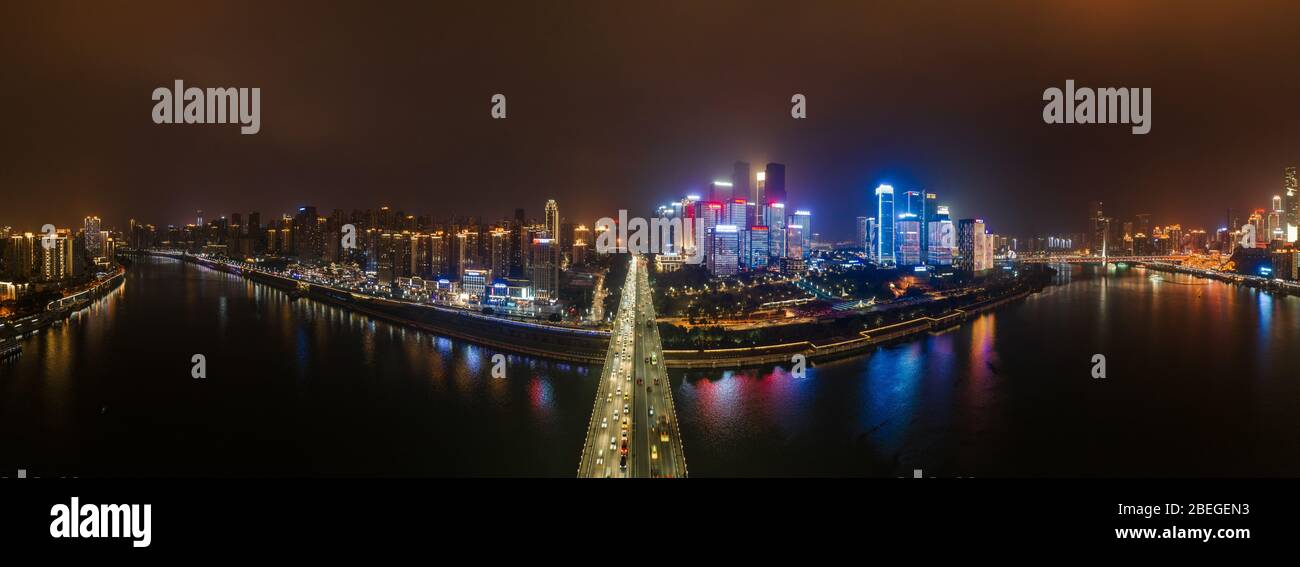 Dec 22, 2019 - Chongqing, China: Panoramic aerial night view of Hong Ya ...