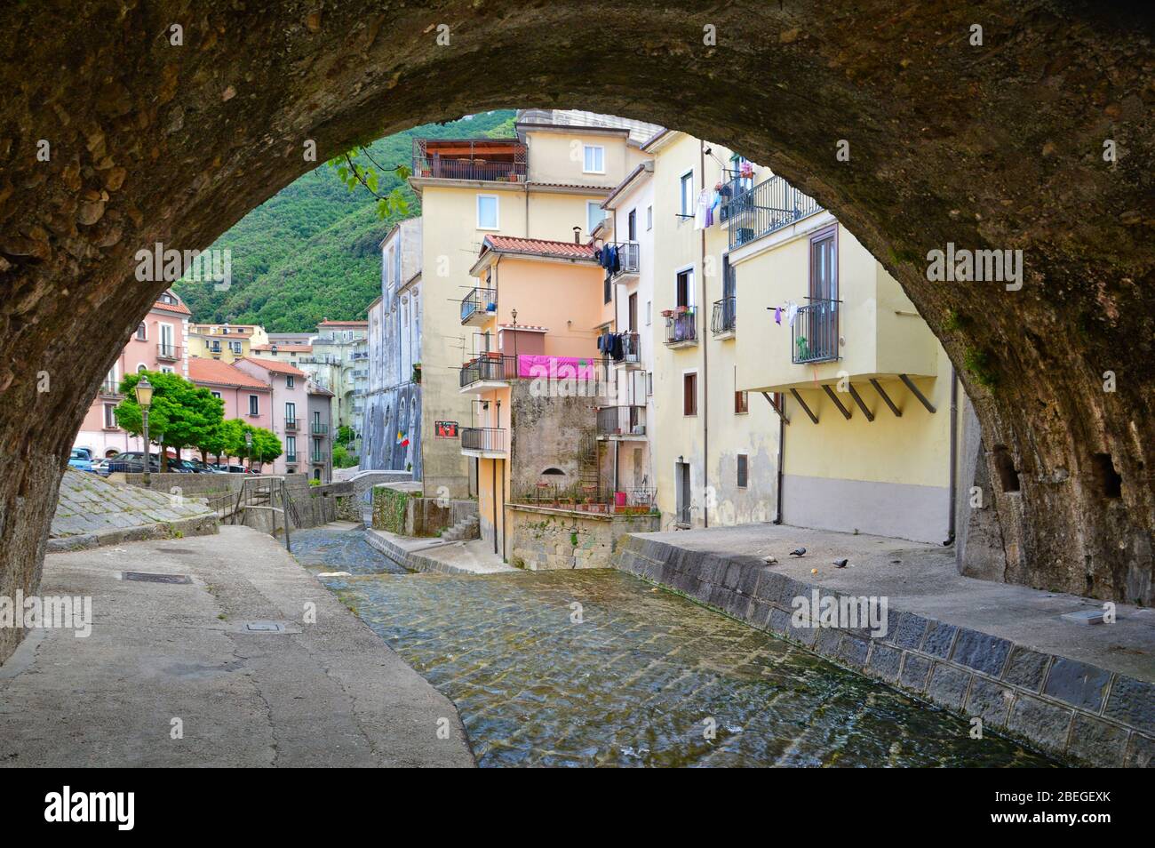 A small river flows through the town of Campagna, in the province of ...