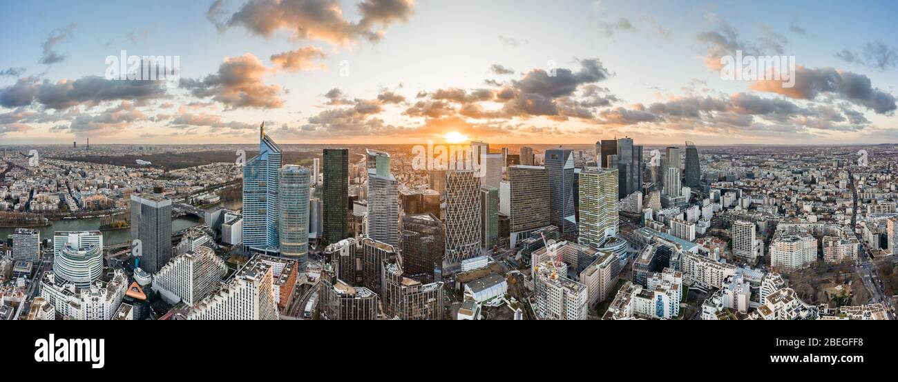 Aerial panoramic drone shot of La Defense skycraper in Paris CBD ...