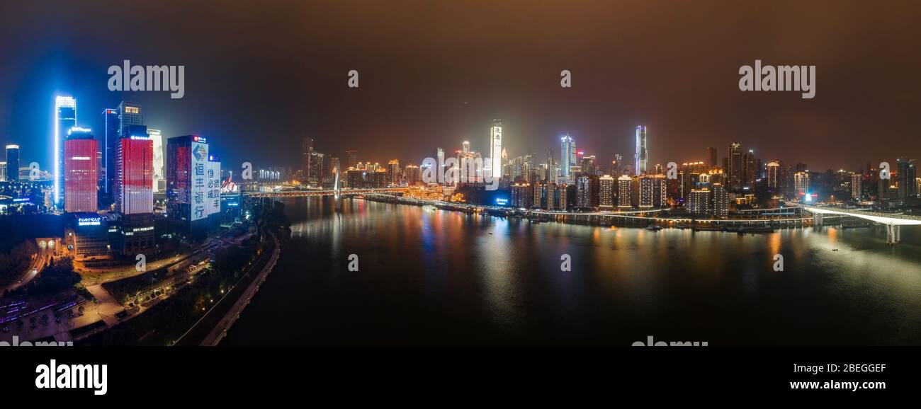 Dec 22, 2019 - Chongqing, China: Panoramic aerial night view of Hong Ya ...