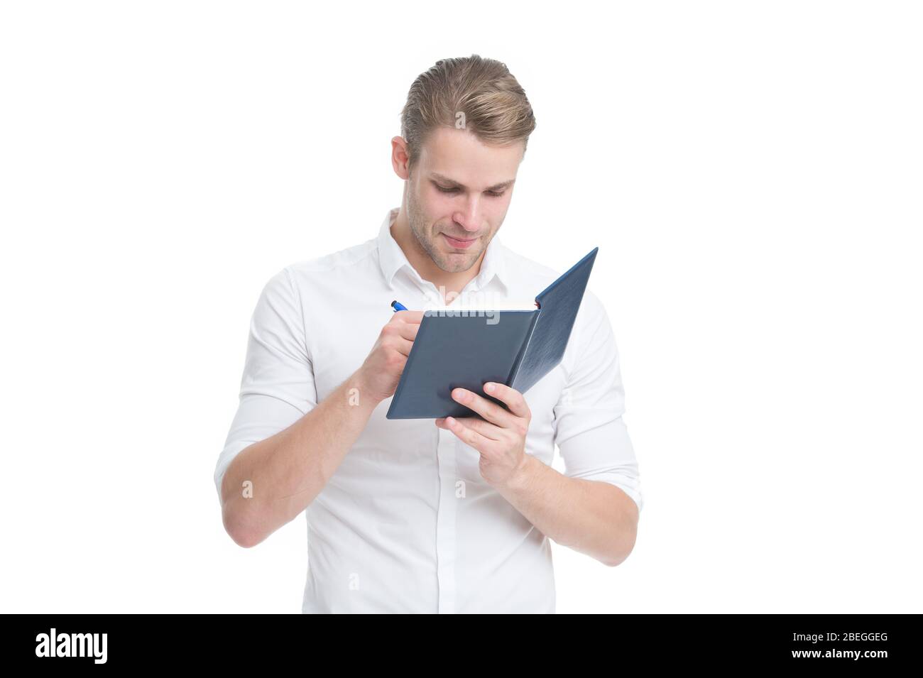 Writing master. University student do writing task isolated on white ...