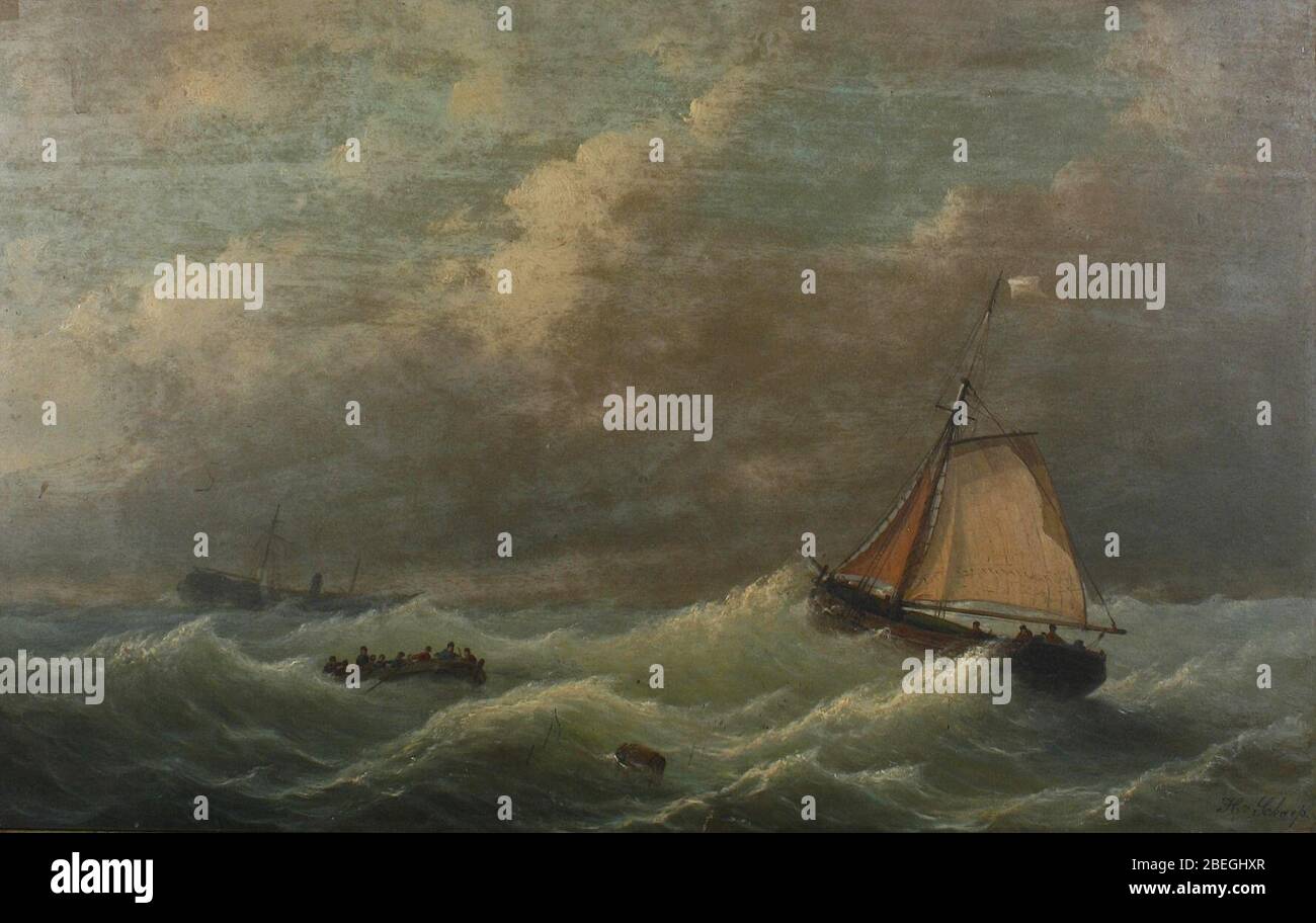 Henri Adolphe Schaep - Boten in een stormachtige zee, een zinkend schip ...