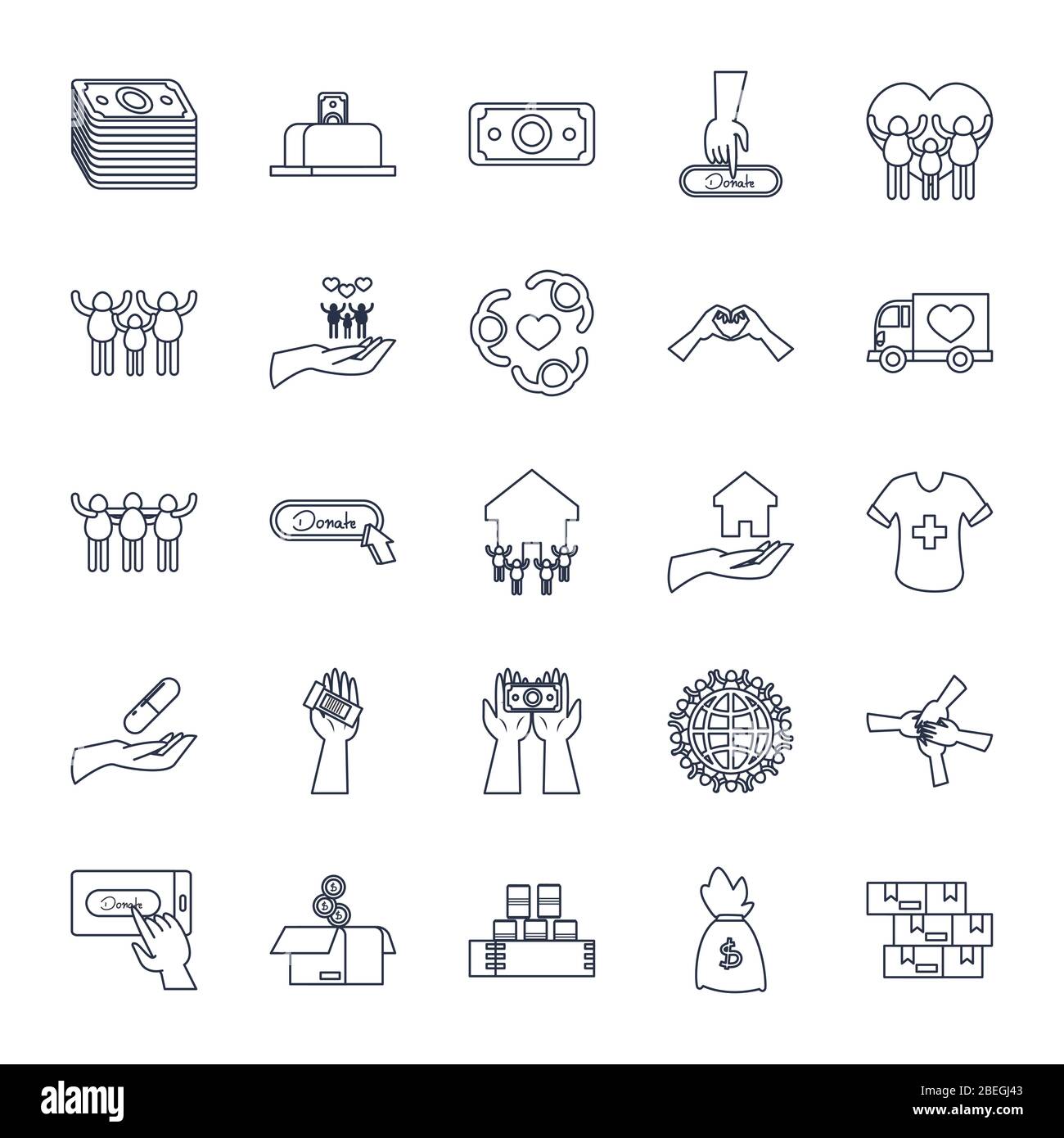 money bills and charity donations icon set over white background, line ...