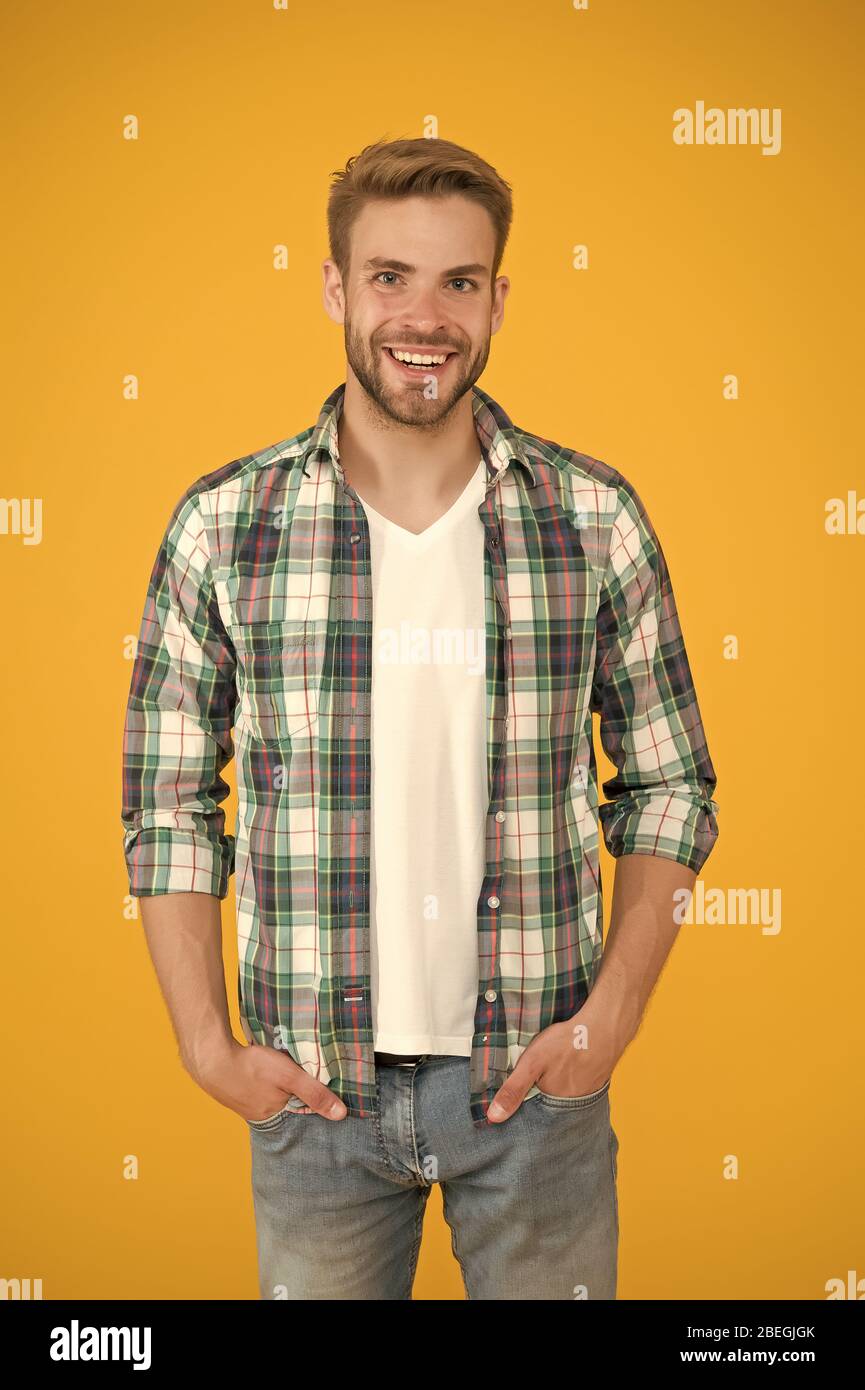Cheerful mood. Menswear and fashionable clothing. Man looks handsome in ...