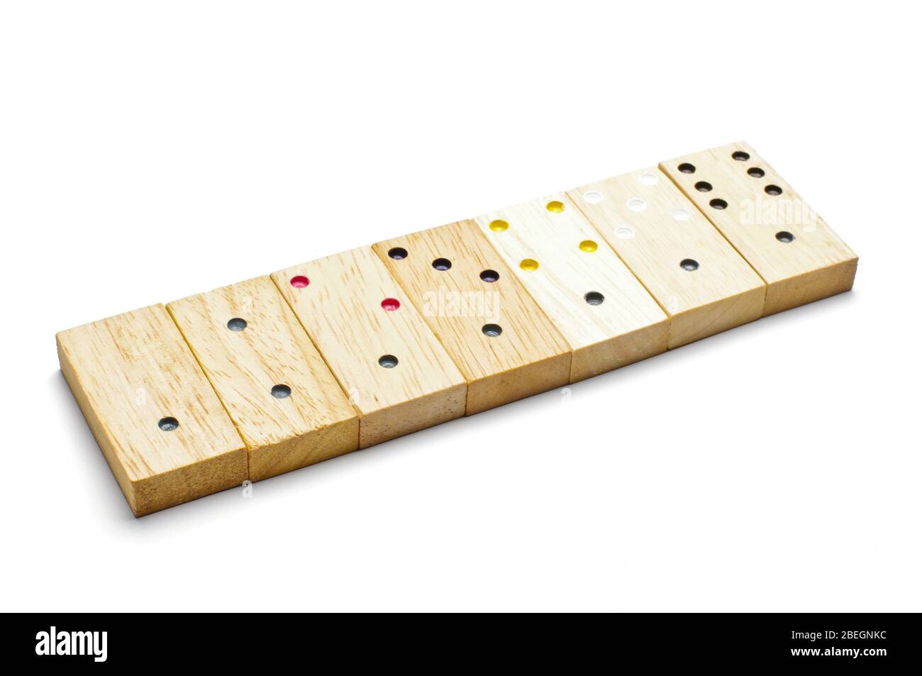 Dominoes tiles arranged in the row top view isolated on the white ...