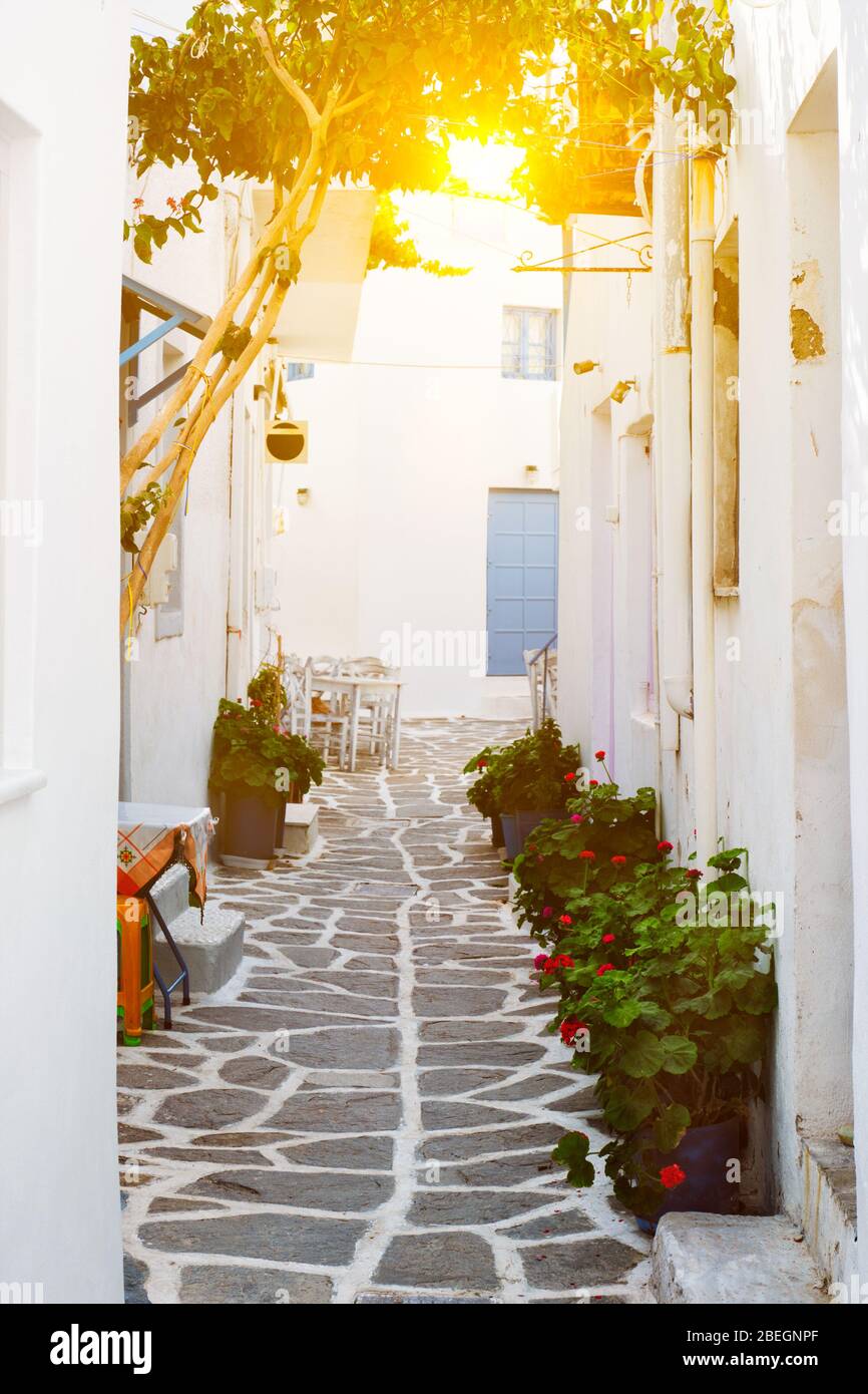 Picturesque Naousa town street on Paros island, Greece Stock Photo - Alamy