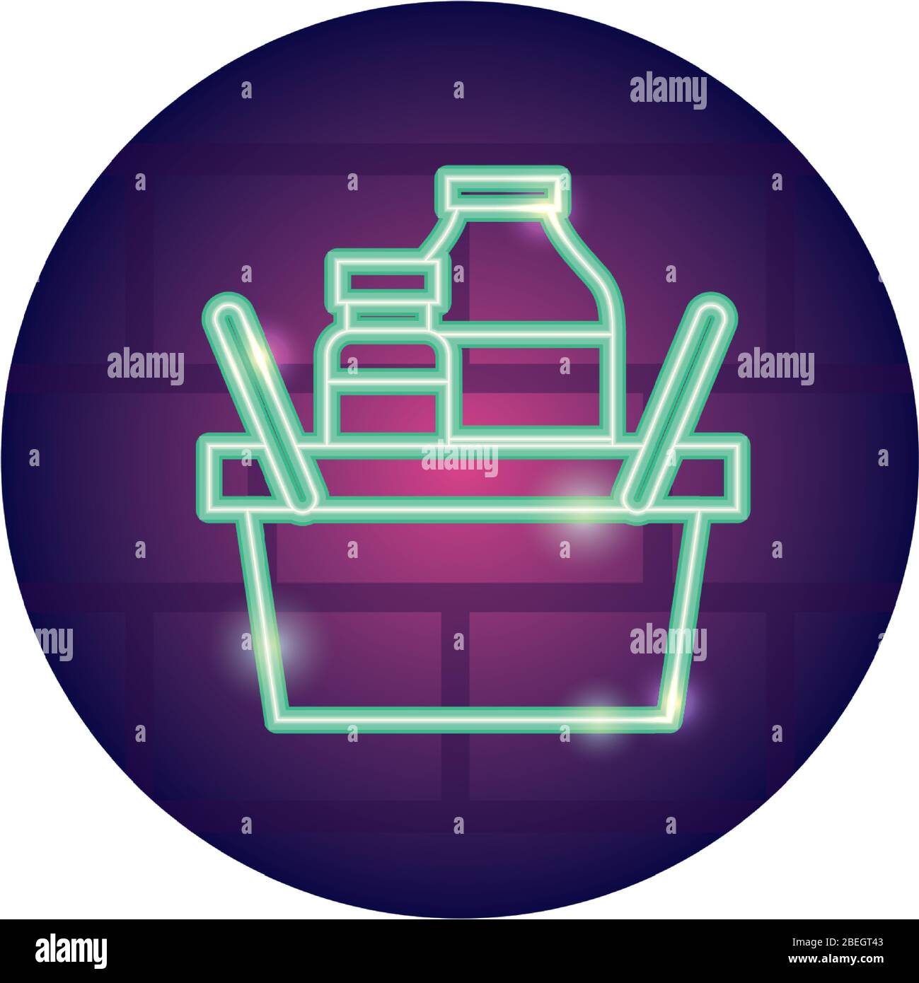 basket with food products icon over white background, neon style ...