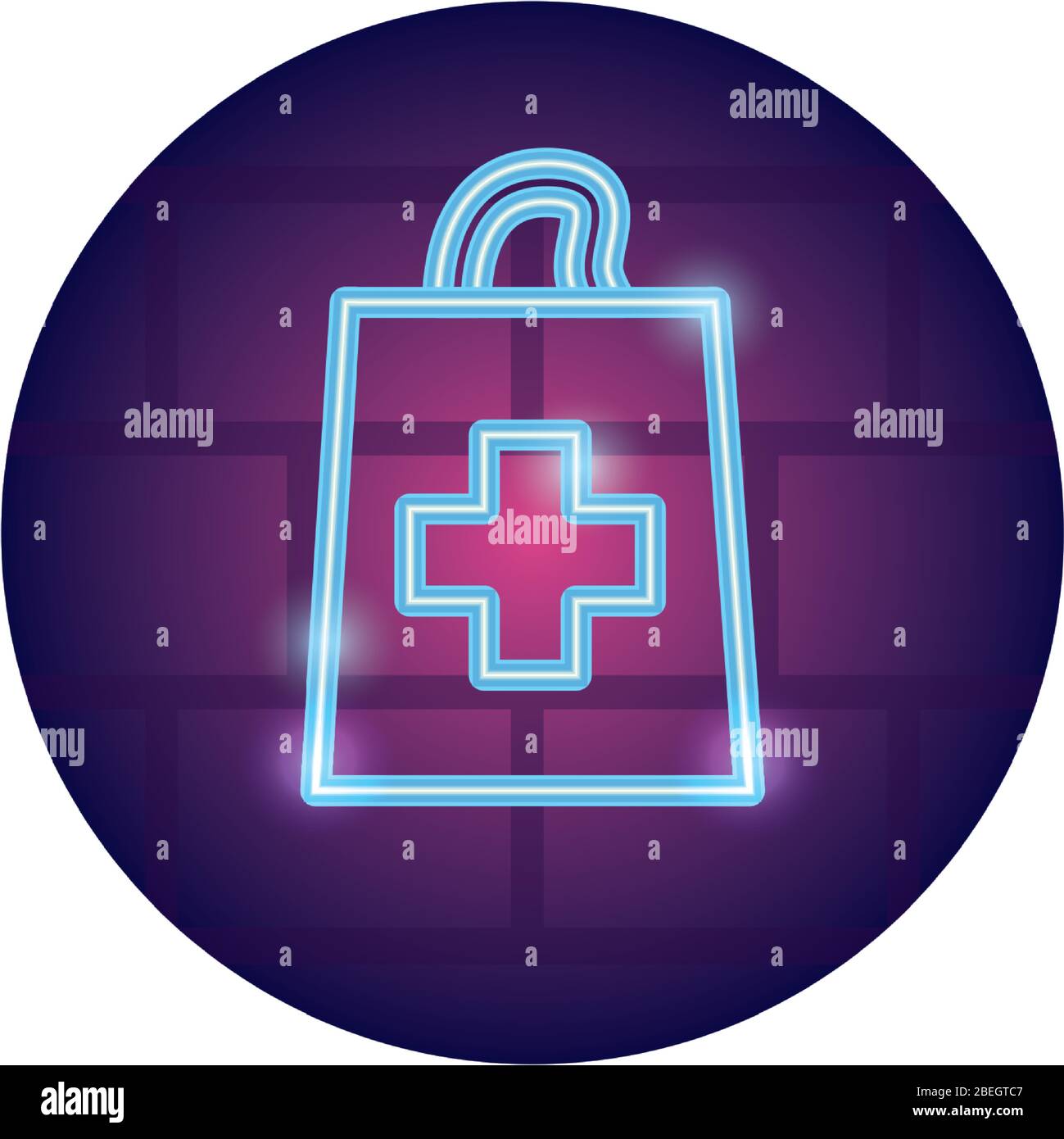 medical shopping bag icon over white background, neon style, vector ...