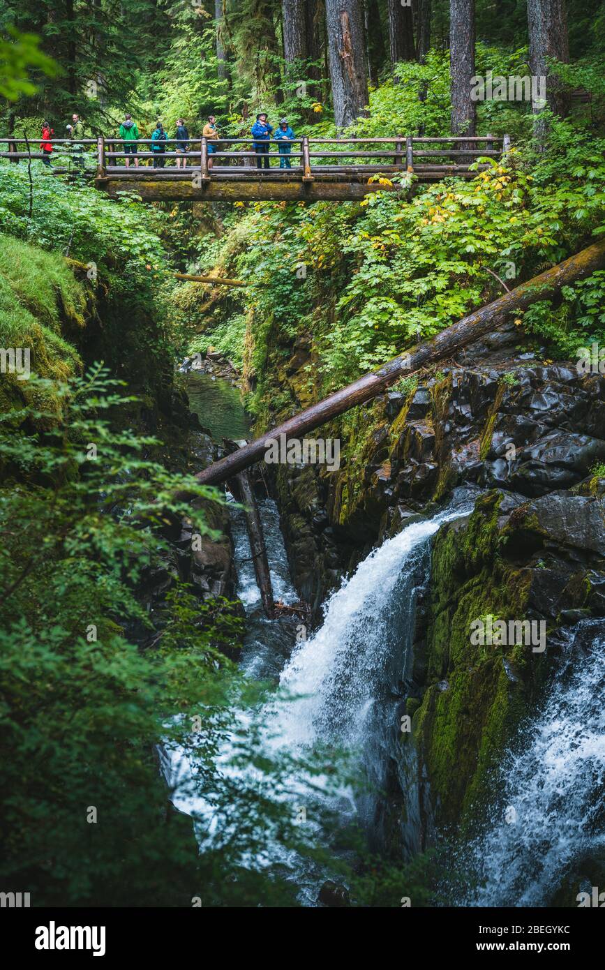 Front view of group on bridge viewing a waterfall Stock Photo - Alamy