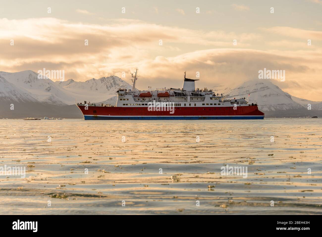 Expedition ship in Arctic sea, Svalbard. Passenger cruise vessel ...