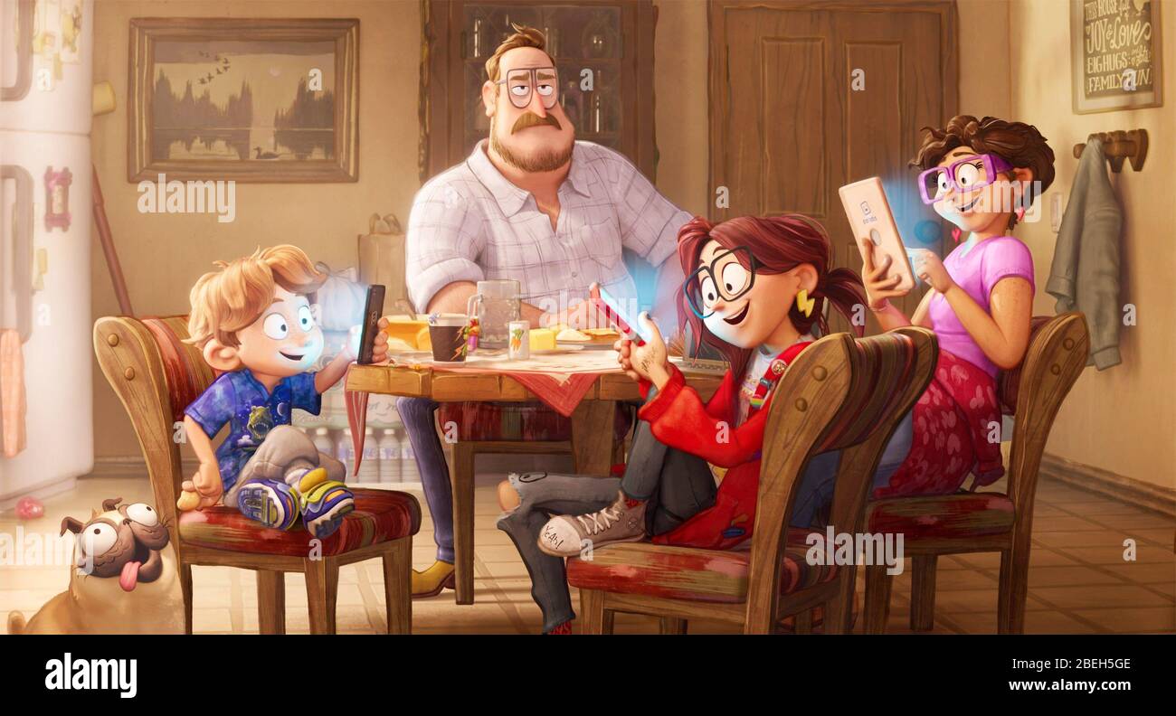 CONNECTED, The Mitchell Family, from left: Monchi the dog, Aaron (voice ...