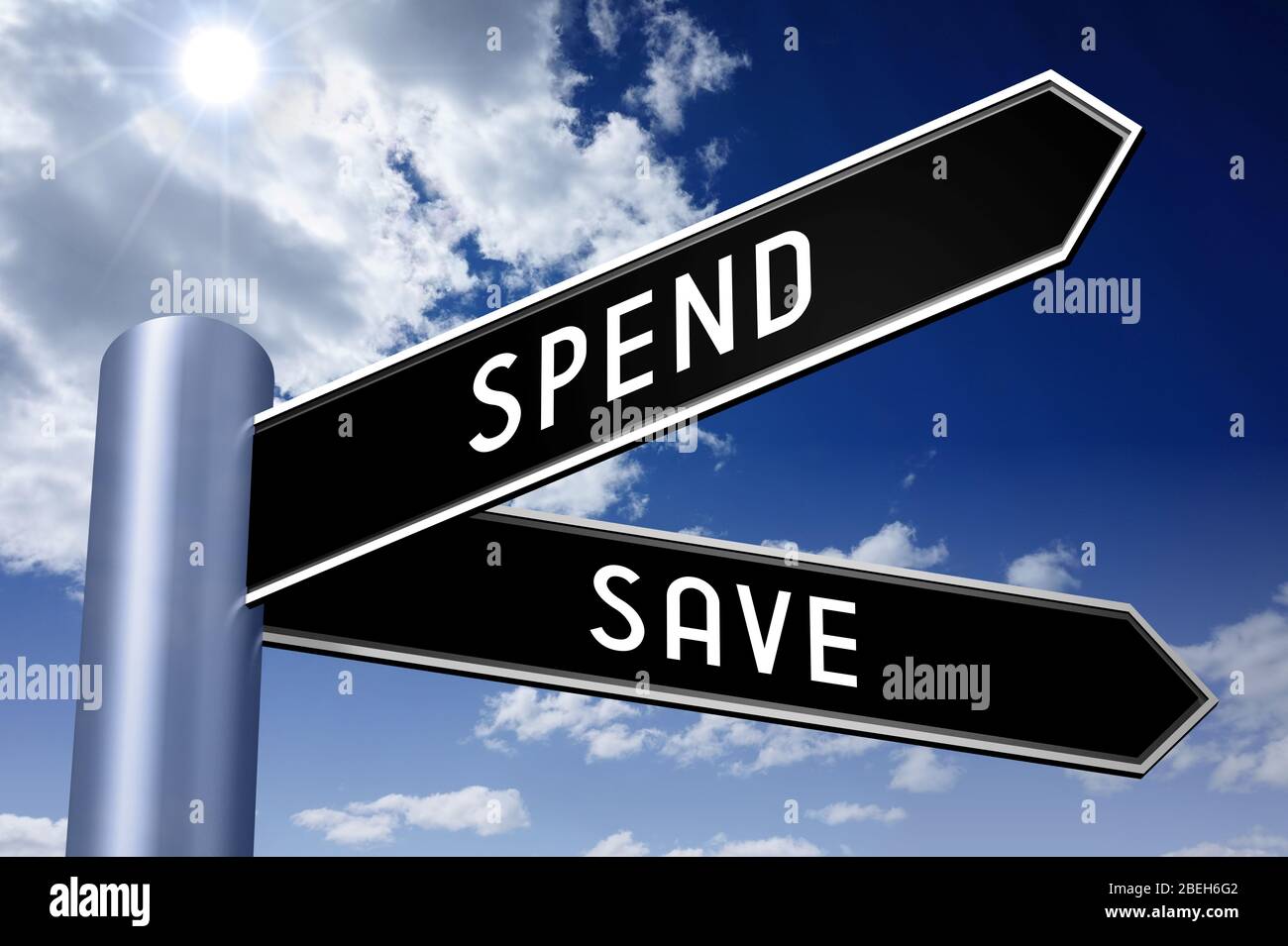 3D illustration/ 3D rendering - crossroads concept - spend or save ...