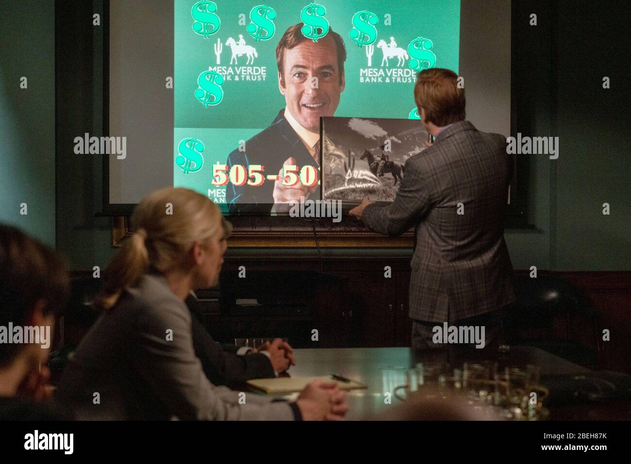 BETTER CALL SAUL, Rhea Seehorn (left), Bob Odenkirk (on screen and with ...