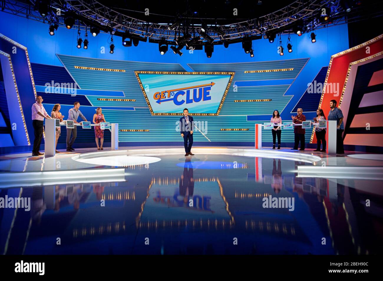 GET A CLUE, contestants with host Robert Belushi (center), (Season 1 ...