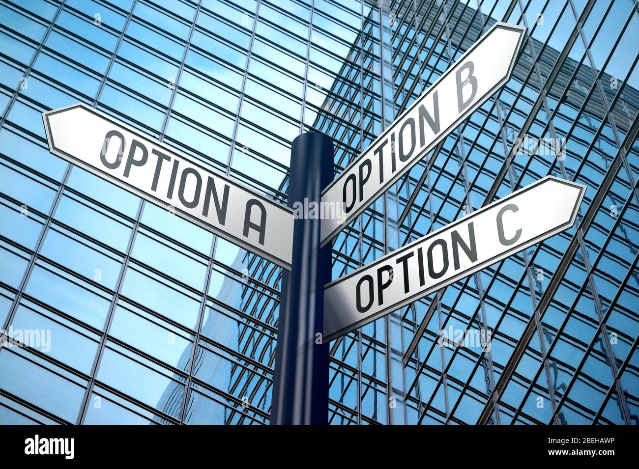 Options A, B, C - crossroads sign, office building Stock Photo - Alamy