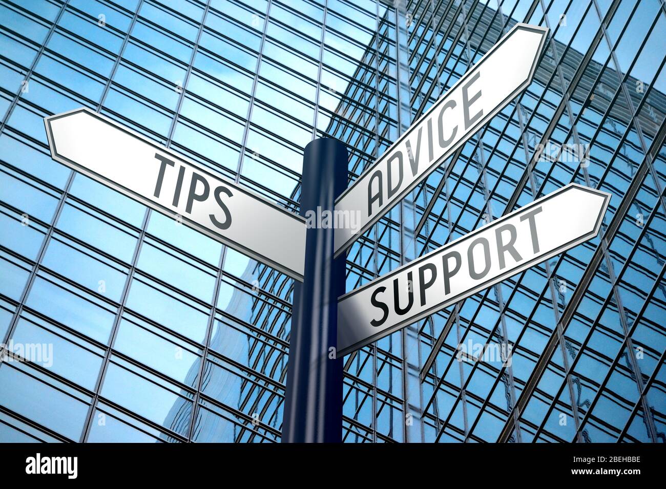 Tips, advice, support - crossroads sign, office building Stock Photo ...