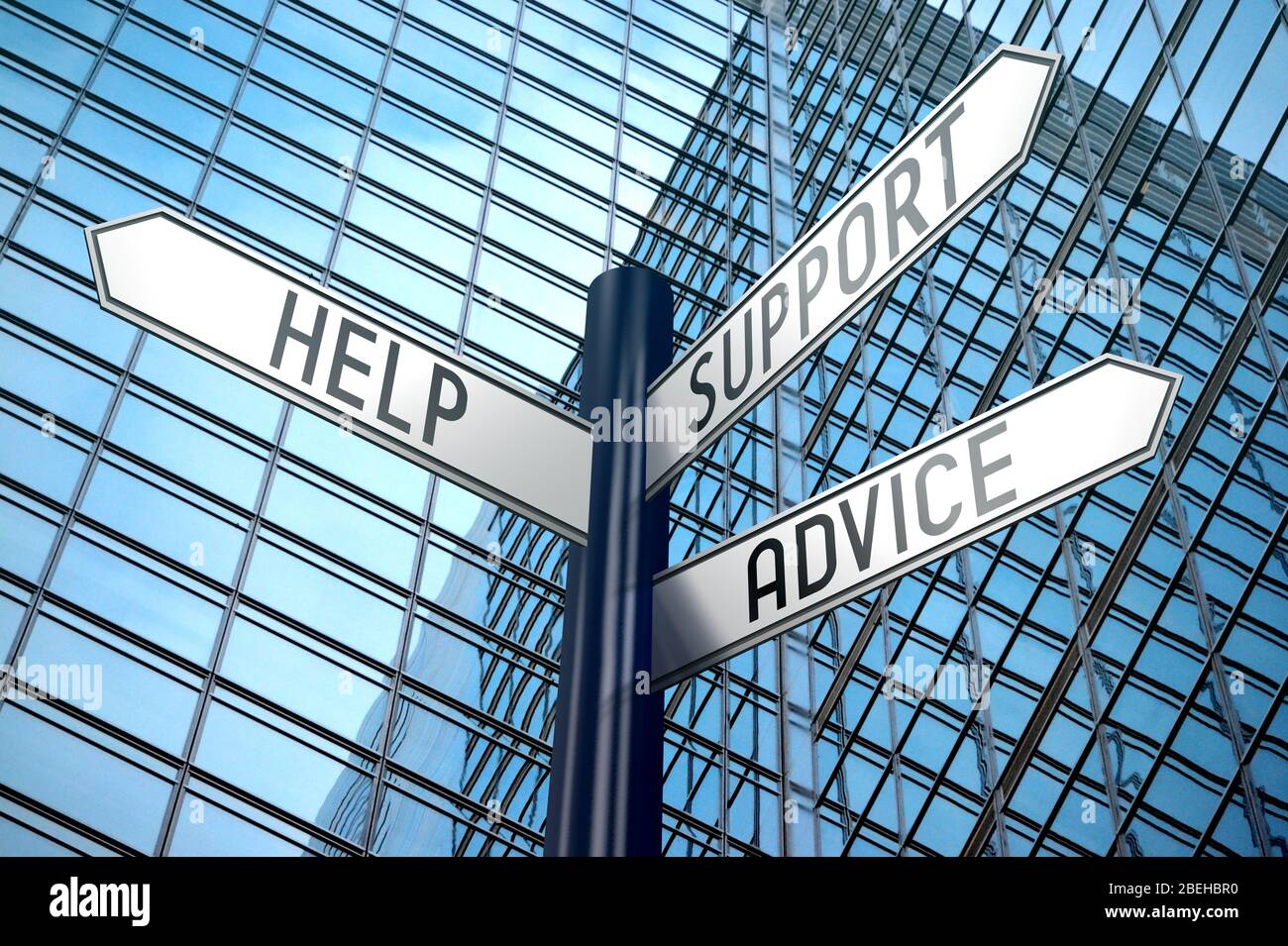 Help, support, advice - crossroads sign, office building Stock Photo ...