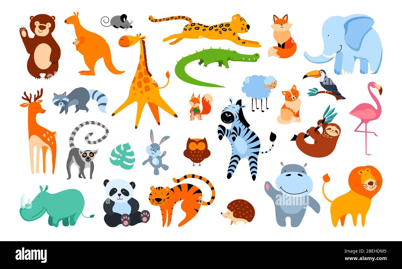 Big set of cute cartoon animals isolated on white background. Flat ...