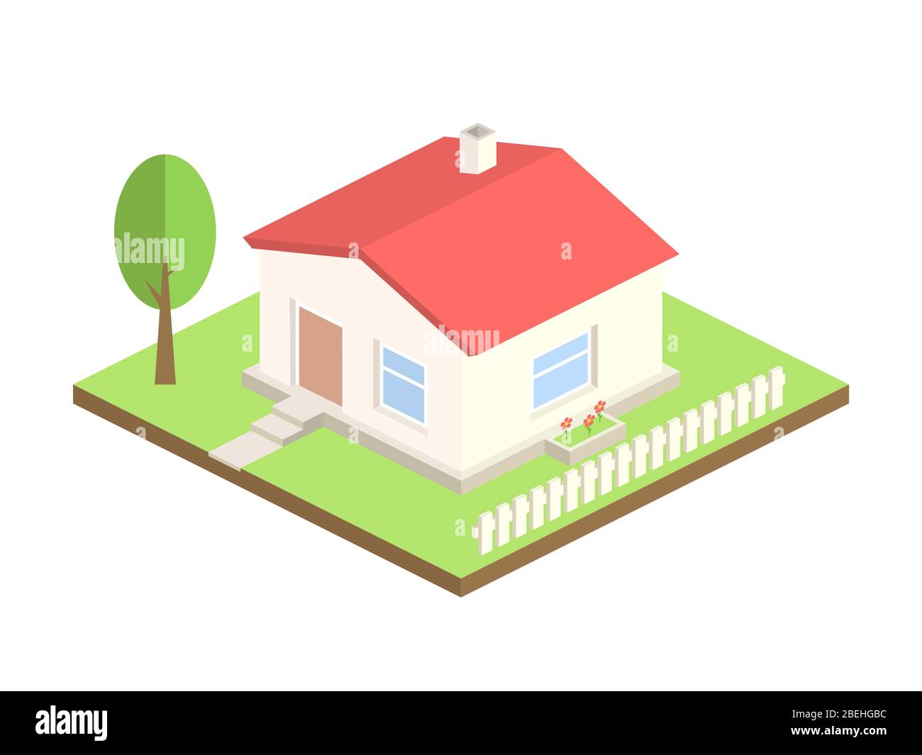 Isometric house on white background. 3d cottage with tree and fence ...