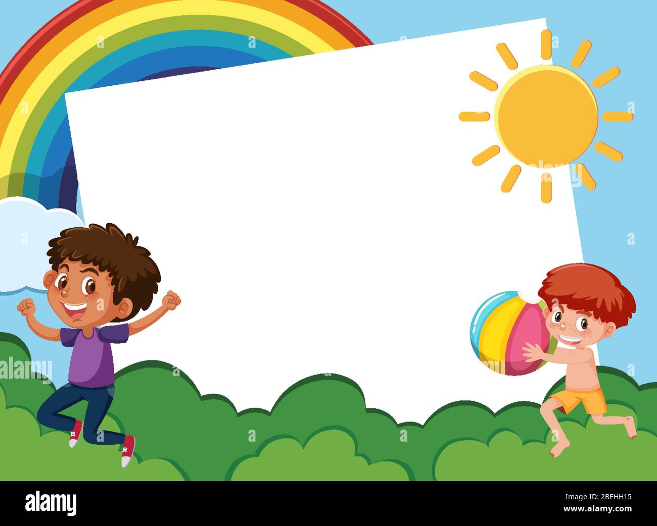 Background template design with happy boys in the garden illustration ...