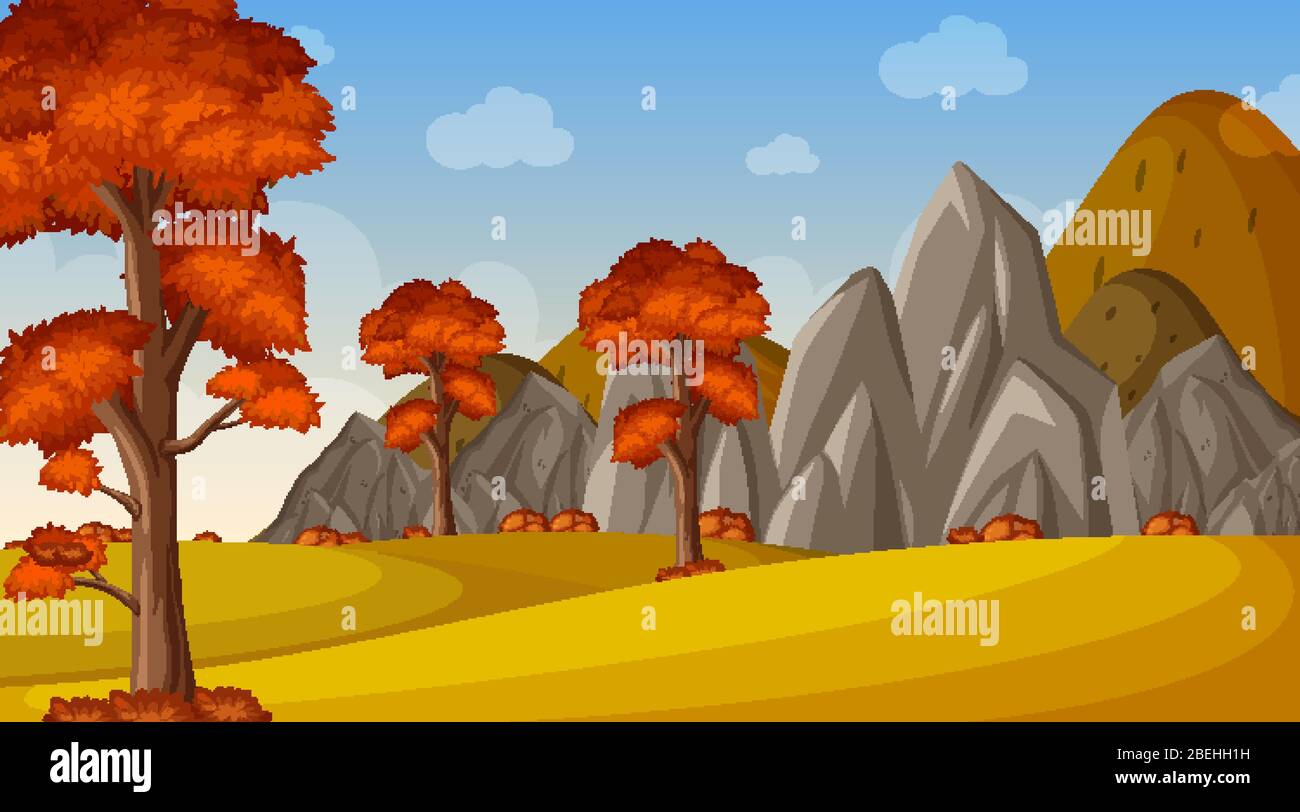 Background scene with trees and mountain in fall season illustration ...