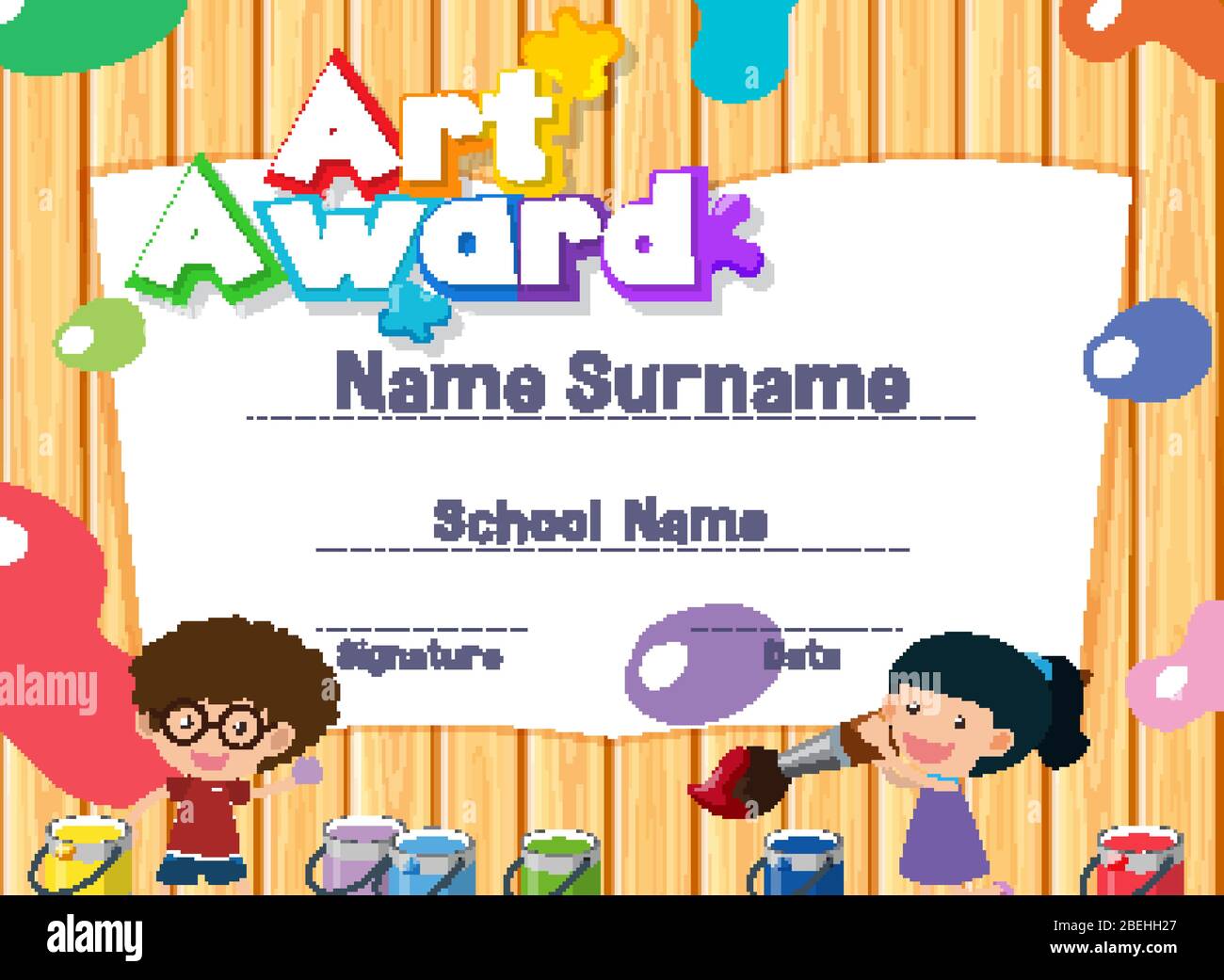 Certificate template for art award with kid painting in background ...