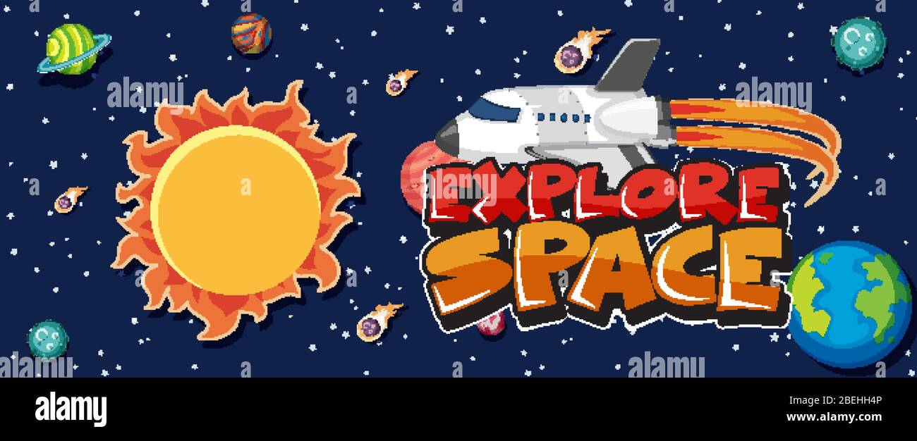 Font design for explore space with many planets in space illustration ...