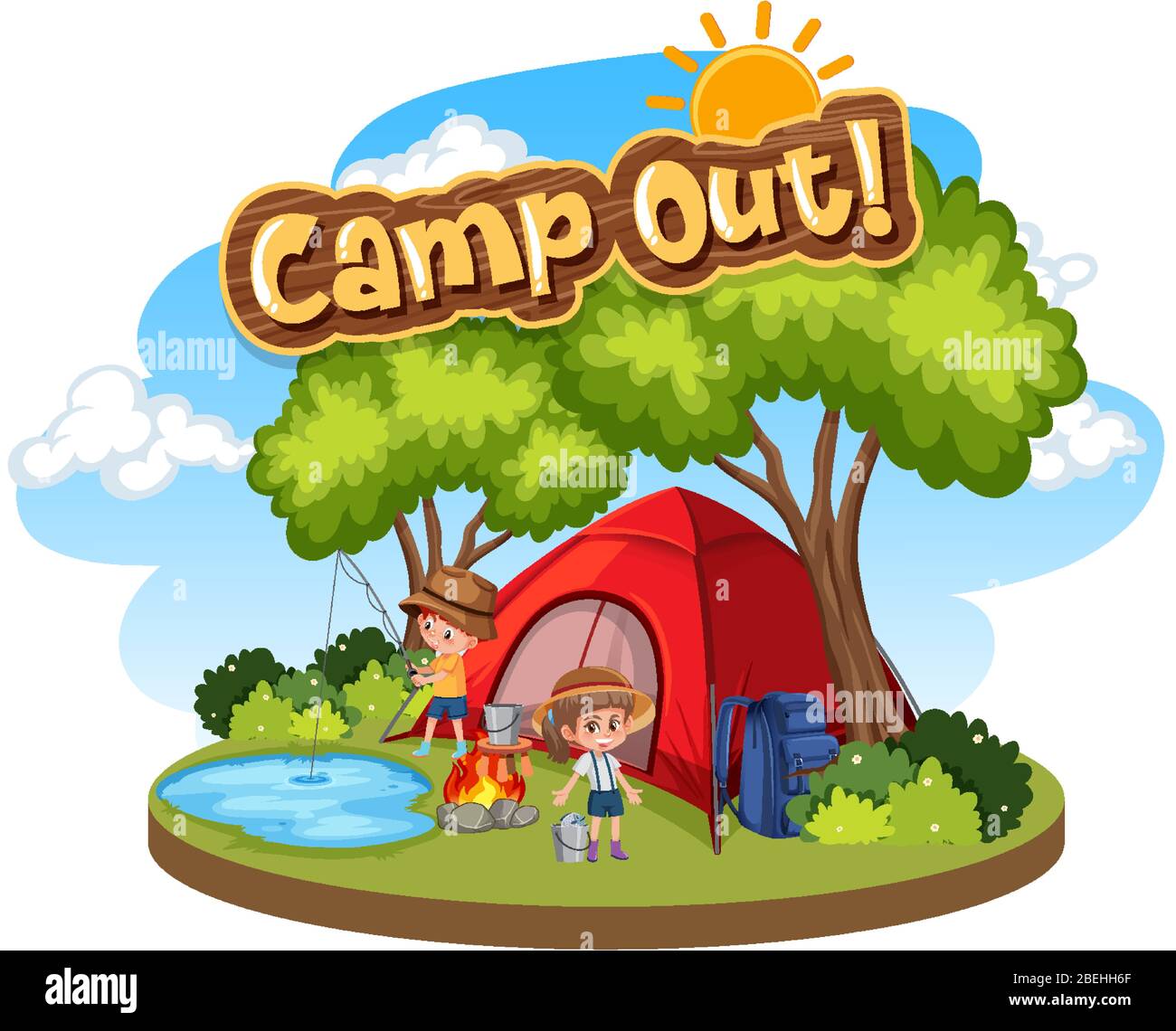 Font design for camp out with tent in the park illustration Stock ...