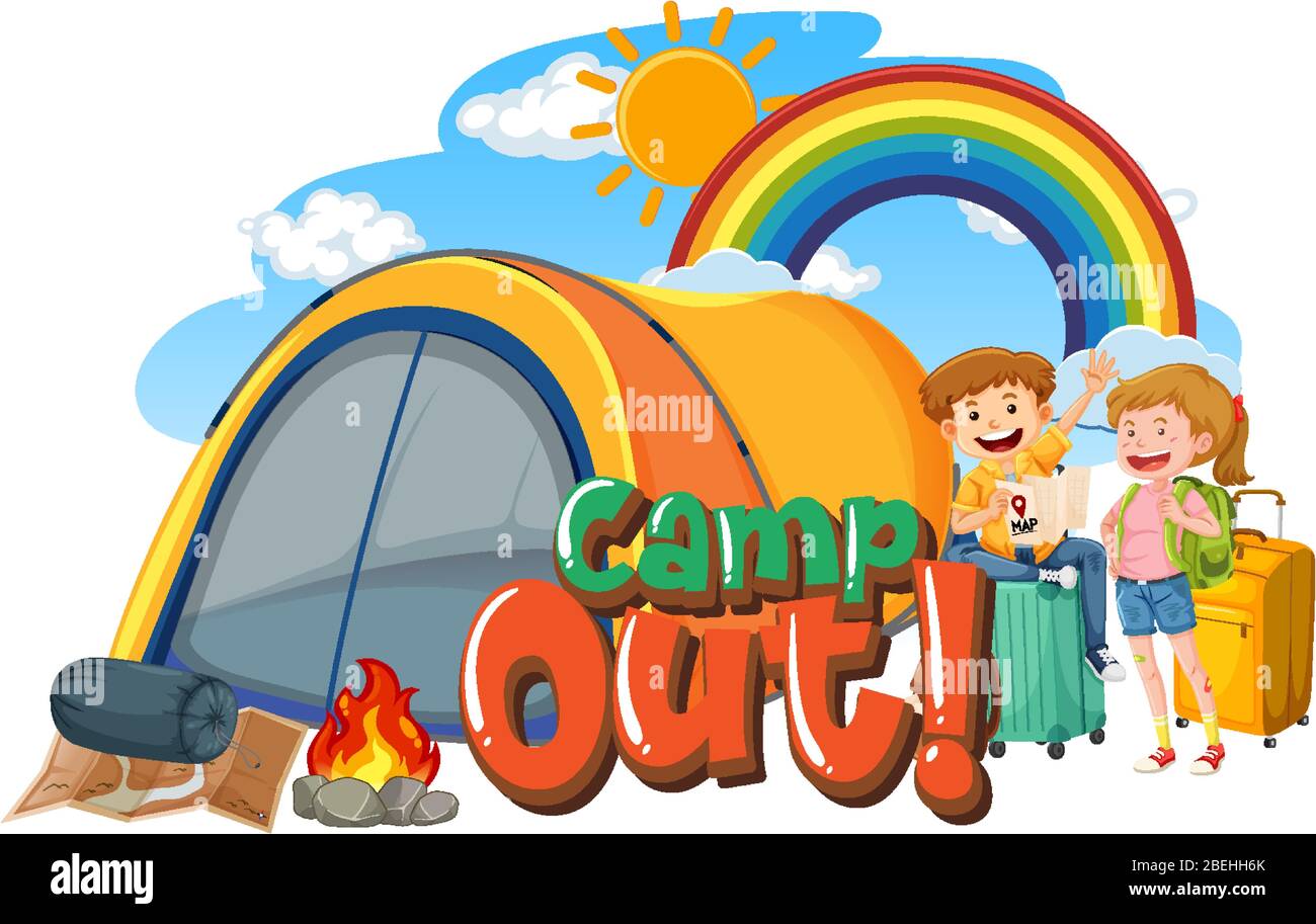 Font design for camp out with tent in the park illustration Stock ...