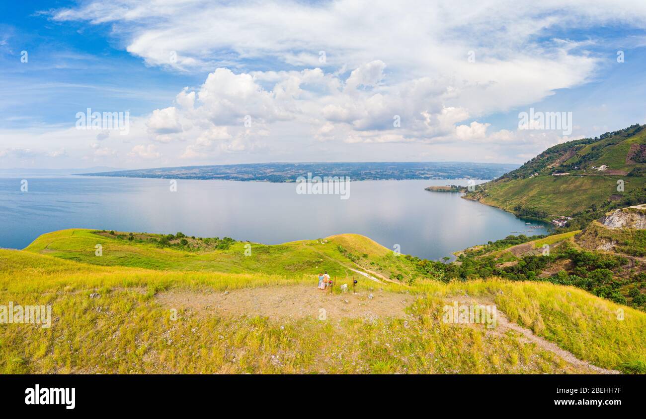Aerial: lake Toba and Samosir Island view from above Sumatra Indonesia ...