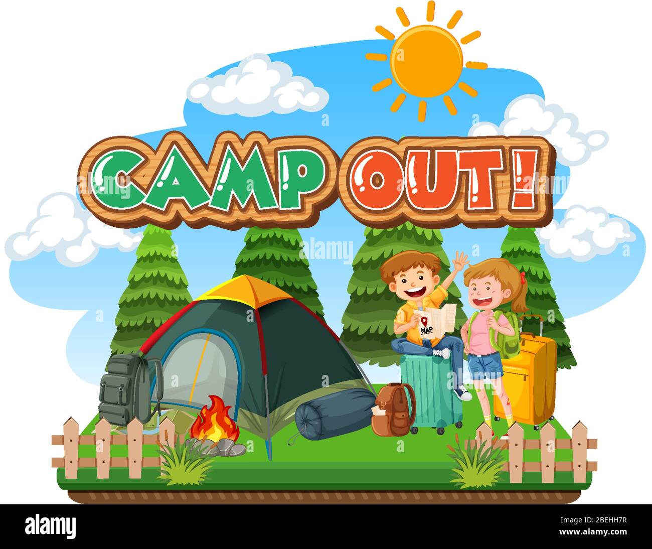 Font design for camp out with tent in the park illustration Stock ...