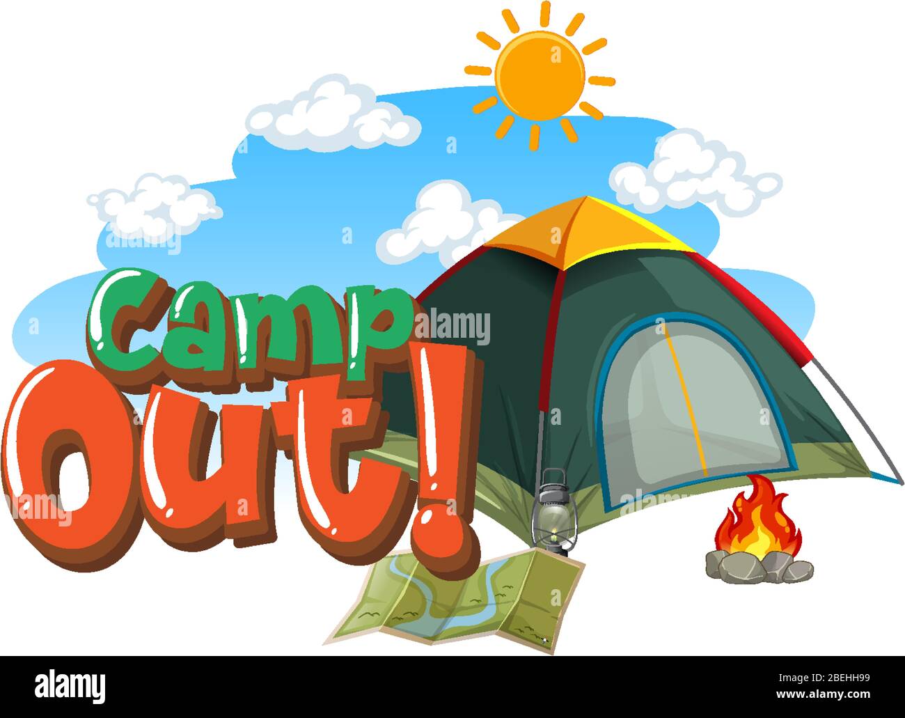 Font design for camp out with tent in the park illustration Stock ...