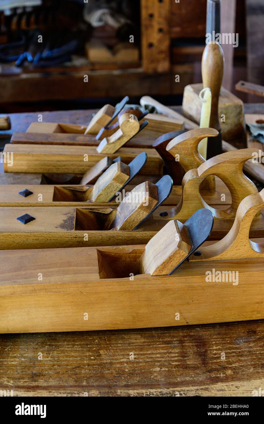 Handmade wooden planes used in Colonial Williamsburg joinery shop Stock ...