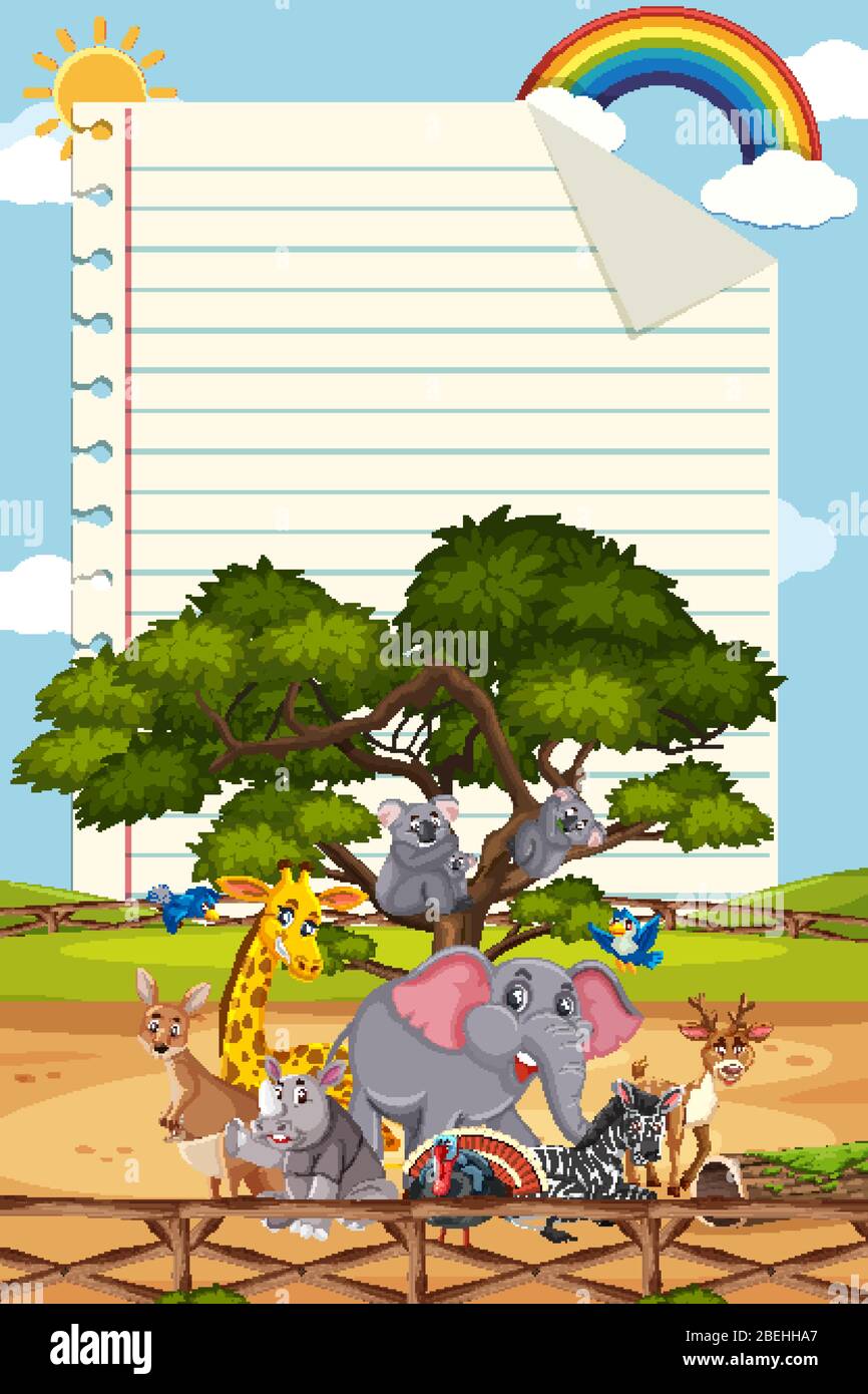 Border template design with many wild animals in background ...