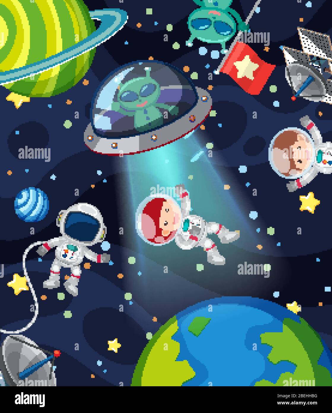 Background scene with many aliens and astronauts in the space ...