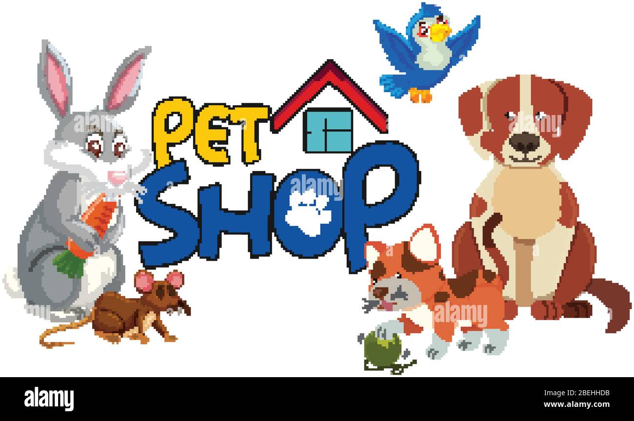 Font design for pet shop with many cute animals illustration Stock ...