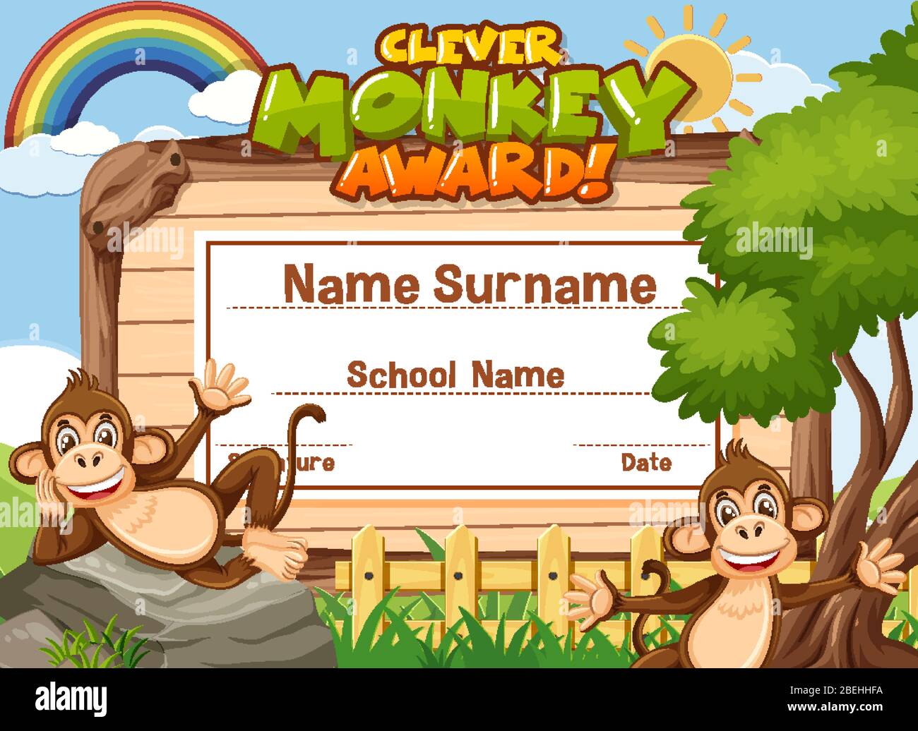 Certificate template design for clever monkey award with two monkeys in ...