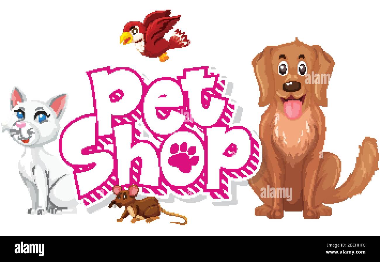 Font design for pet shop with many cute animals illustration Stock ...