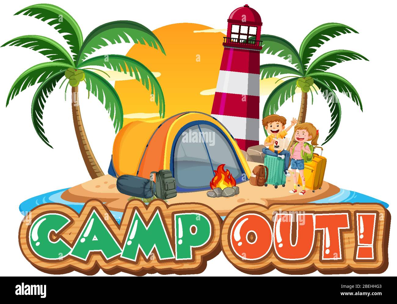 Font design for camp out with tent in the park illustration Stock ...