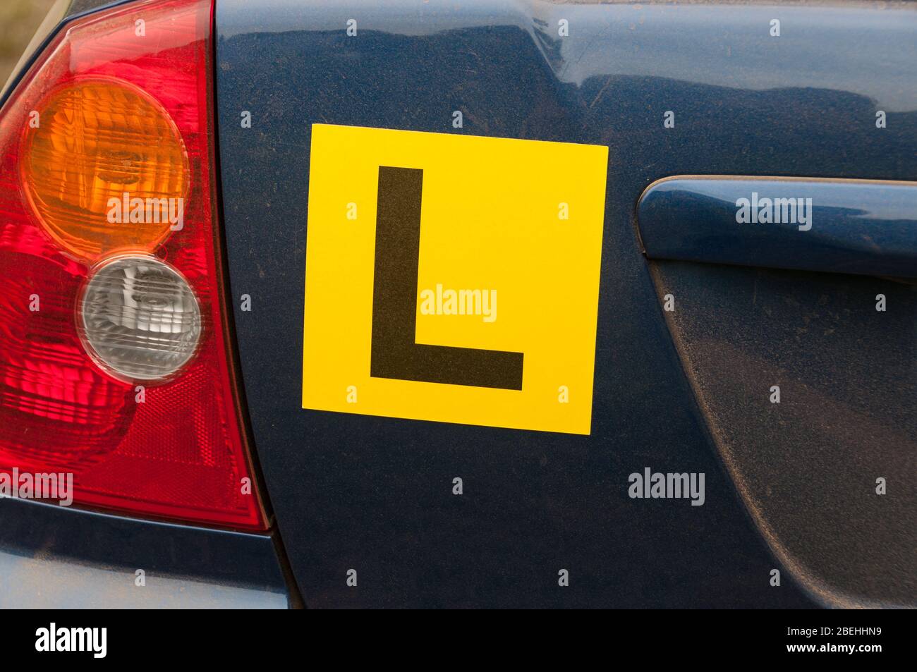 Yellow learner license plates on a back of dusty blue car. Learning to ...
