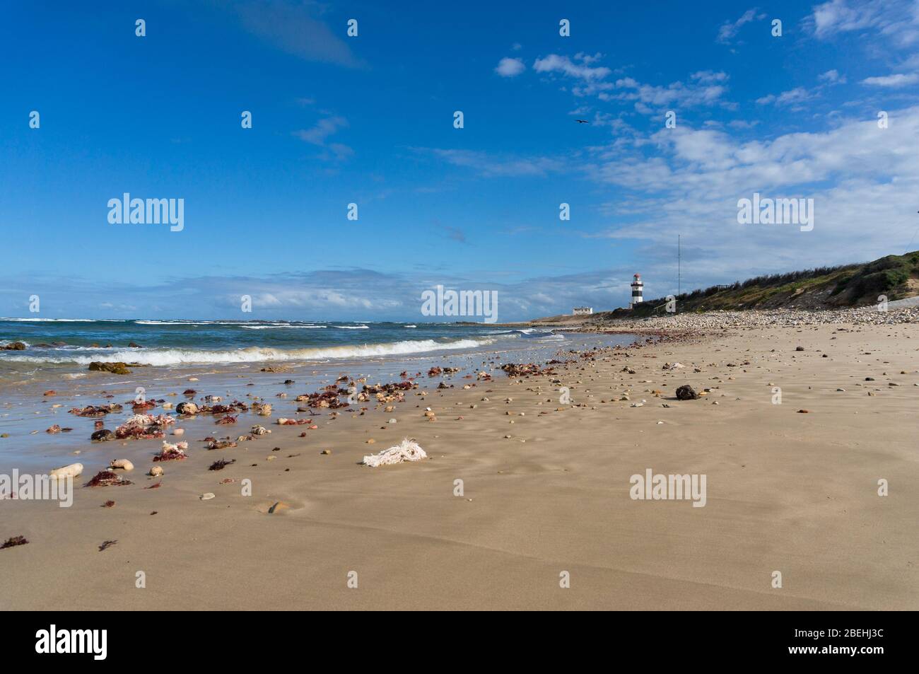 Ocean view landscape with sandy beach and lighthouse in the distance ...