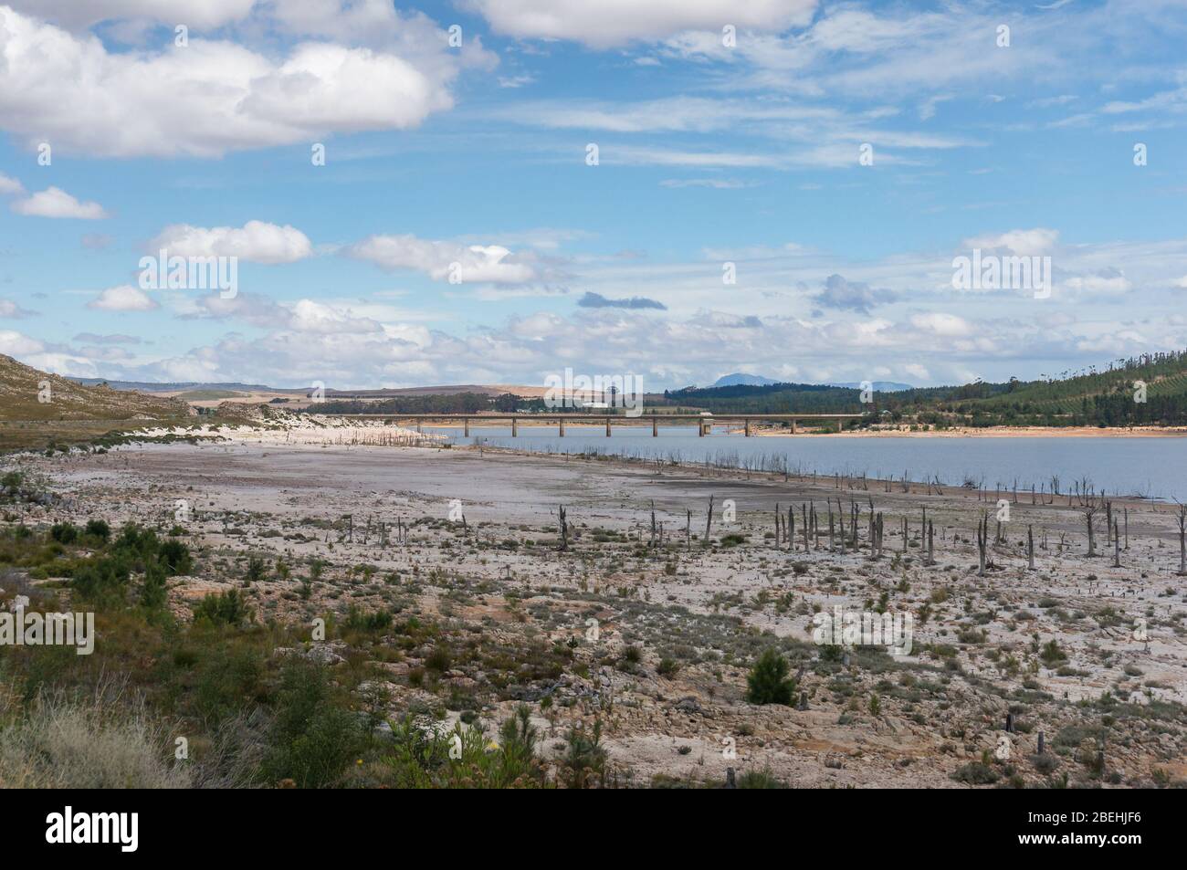 Theewaterskloof Dam in drought with dry trees. Western Cape province ...