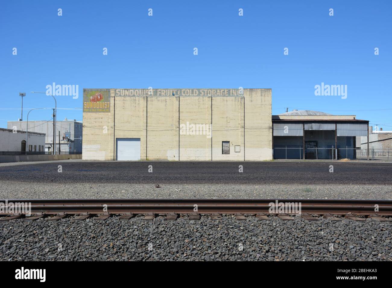 Fruit industry railroad buildings near the train line in Yakima ...